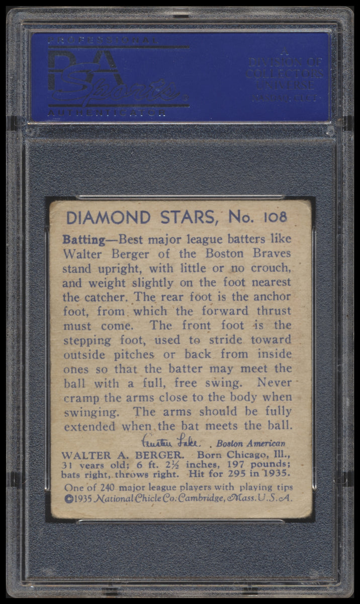 1934-36 Diamond Stars 108 Wally Berger PSA 3 VG – BurlsSports