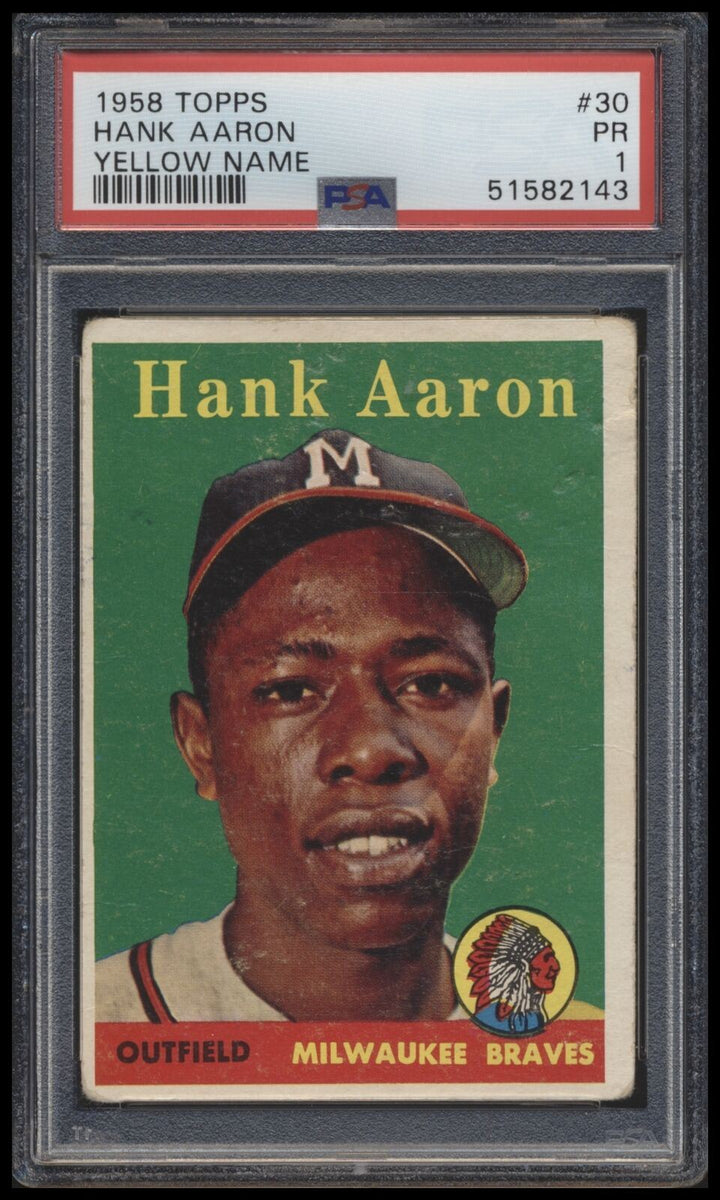 1958 Topps #30b Hank Aaron Name in Yellow Letters PSA 1 PR – BurlsSports